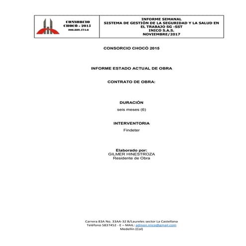 Modelo informe técnico, de obra | DOCX