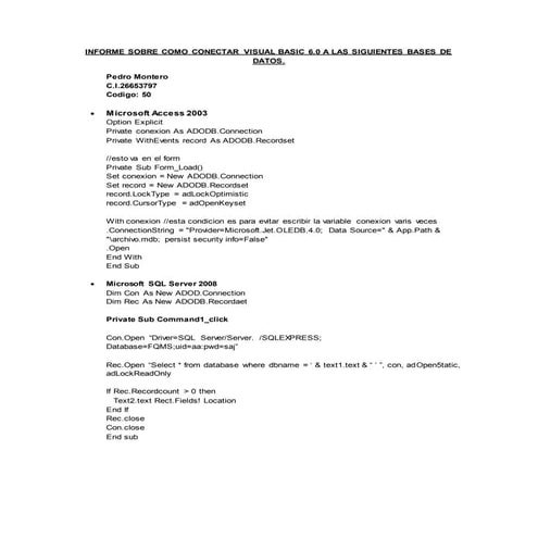Informe sobre como conectar visual basic 6 | DOCX