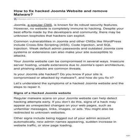 Effective Steps to Fix Joomla Hacking and Remove Malware | PDF
