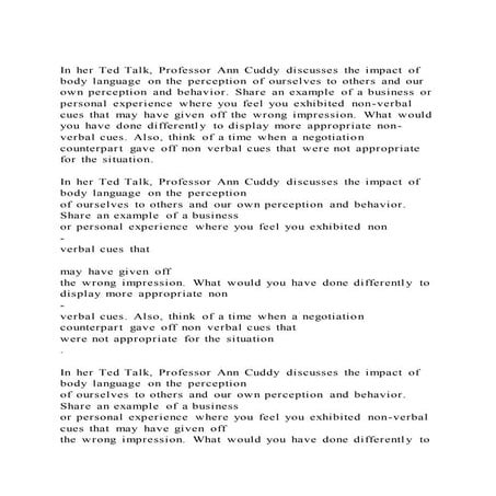 In her Ted Talk, Professor Ann Cuddy discusses the impact of body | PDF