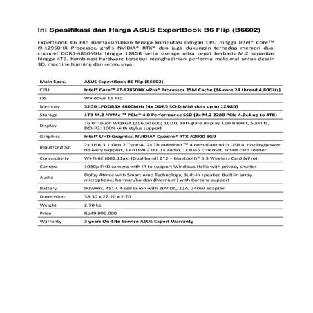 Ini Spesifikasi dan Harga ExpertBook B6 Flip (B6602) | PDF | Computer Peripherals | Computing