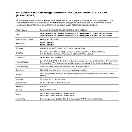 Spesifikasi dan Harga Zenbook 14 OLED (UX3402) | PDF