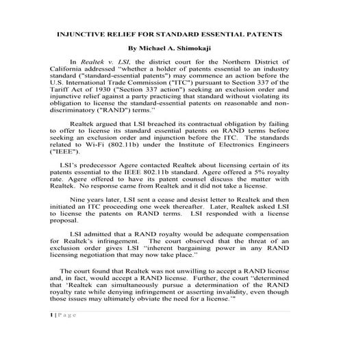 Injunctive Relief for Standard Essential Patents by Michael Shimokaji | PDF