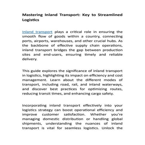 Mastering Inland Transport: Key to Streamlined Logistics | PDF