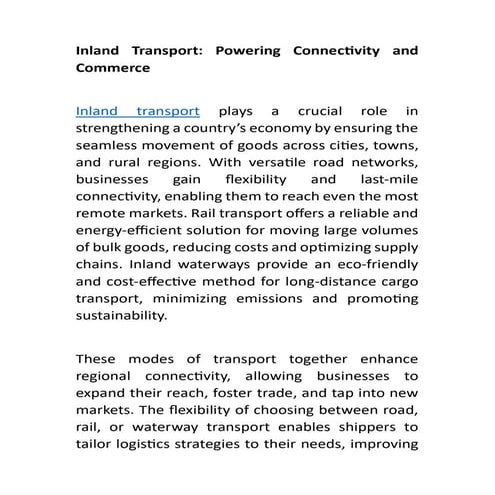 Efficient Inland Transport for Seamless Logistics | PDF