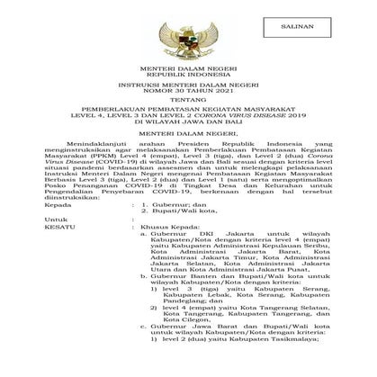 Inmendagri No 30 tentang PPKM Level 4,3,2 Jawa Bali | PDF