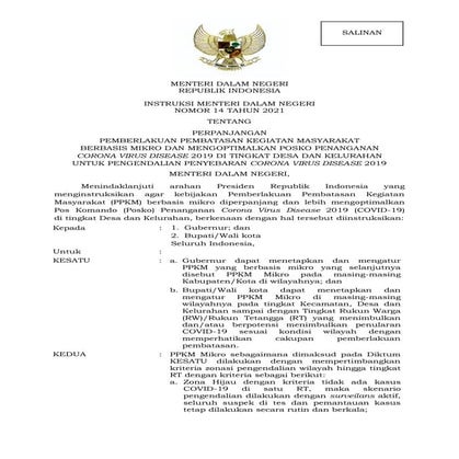INSTRUKSI MENTERI DALAM NEGERI NOMOR 14 TAHUN 2021 | PDF