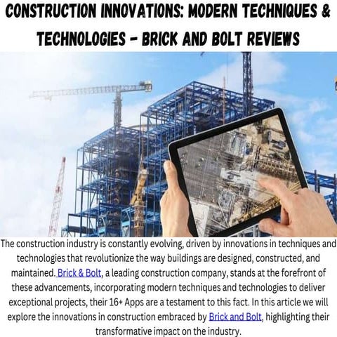 Construction Innovations: Modern Techniques & Technologies | Brick and Bolt Reviews | PPTX