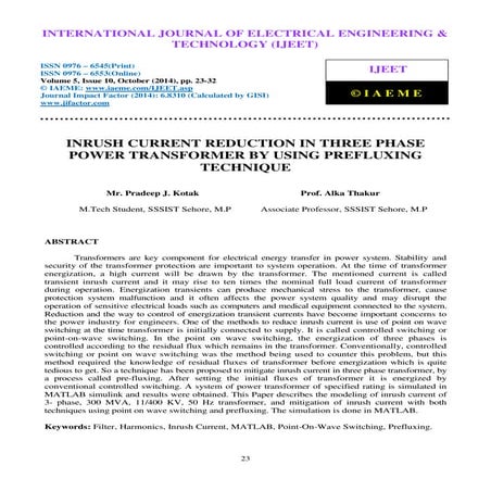 Inrush current reduction in three phase power transformer by using prefluxing technique | PDF