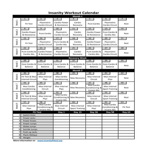 Insanity Workout Calendar Insanity Program Overview: Start Your