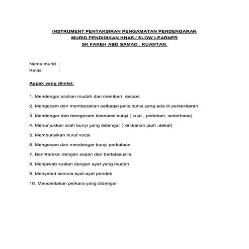 Contoh Instrumen Mendengar Dan Bertutur | DOCX