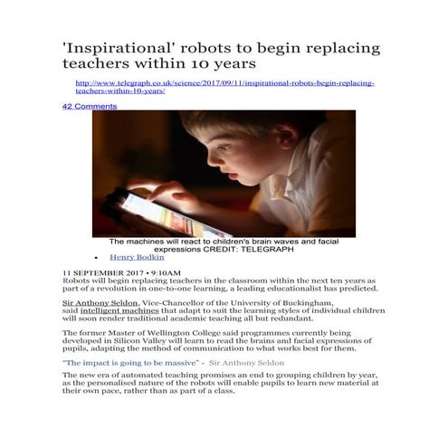 'Inspirational' robots to begin replacing teachers within 10 years | PDF