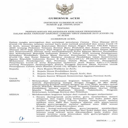 Instruksi Gubernur Aceh nomor 08/INSTR/2020 | PDF