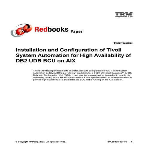 Installing tivoli system automation for high availability of db2 udb bcu on aix redp4254 | PDF