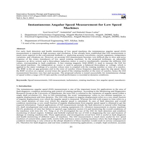 Instantaneous Angular Speed Measurement For Low Speed Machines Pdf