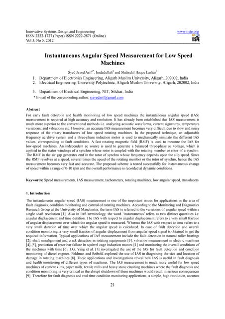 Instantaneous Angular Speed Measurement For Low Speed Machines Pdf