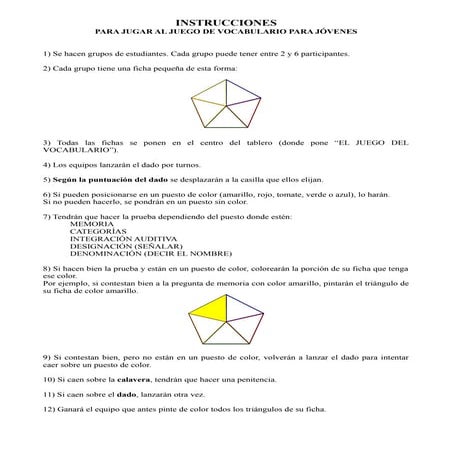 Instrucciones juego de vocabulario para jóvenes | PDF
