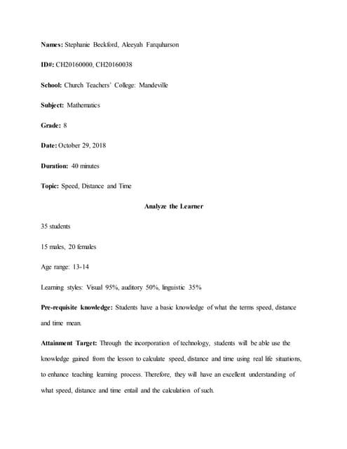 4A's SAMPLE LESSON PLAN- SPEED, TIME, & DISTANCE | PDF