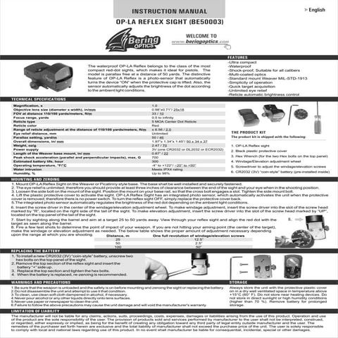 Instruction Manual BERING OPTICS OP-LA Red Dot | Optics Trade | PDF