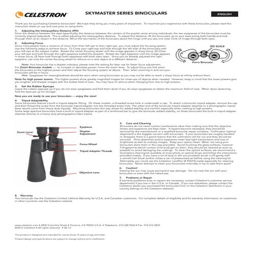 Instruction Manual | Celestron Skymaster Binoculars | Optics Trade | PDF
