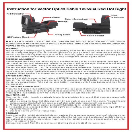 Instruction Manual | Vector Optics Sable 1x25x34 | Optics Trade | PDF