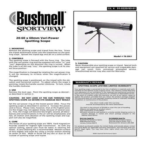 Instructions BUSHNELL Sportview 20-60x60 Spotting Scope | Optics Trade ...