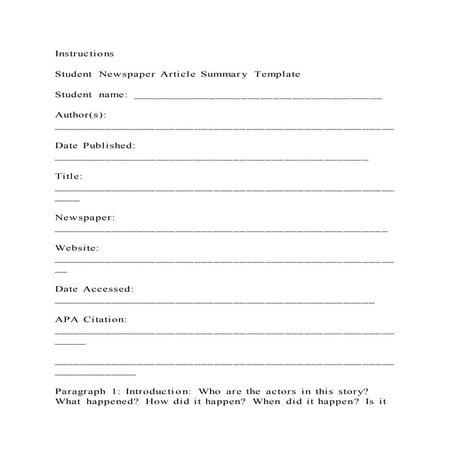 InstructionsStudent Newspaper Article Summary TemplateStuden | PDF