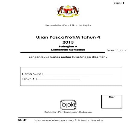 Instrumen membaca ujian pasca protim tahun 4 | PDF