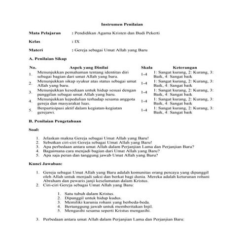 Instrumen Penilaian mata pelajaran agama kristen | DOCX