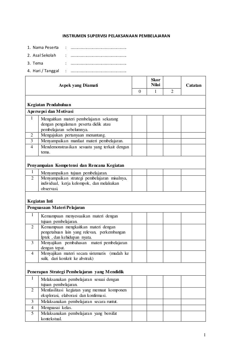 Instrumen penilaian pelaksanaan pembelajaran