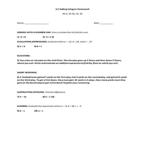 2.2 adding integers assignment | DOCX