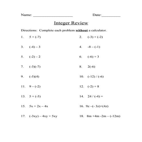 Integer review | DOC | Homework and Study | Education