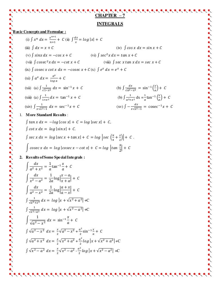 Integrals formula and short questions