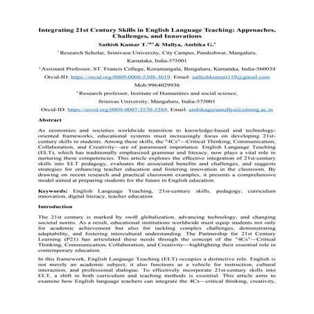 Integrating 21st Century Skills in English Language Teaching- Approaches, Challenges, and ...
