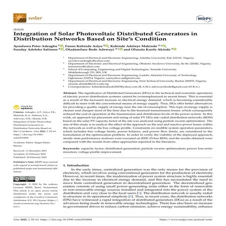 Integration Of Solar Photovoltaic Distributed Generators In Pdf