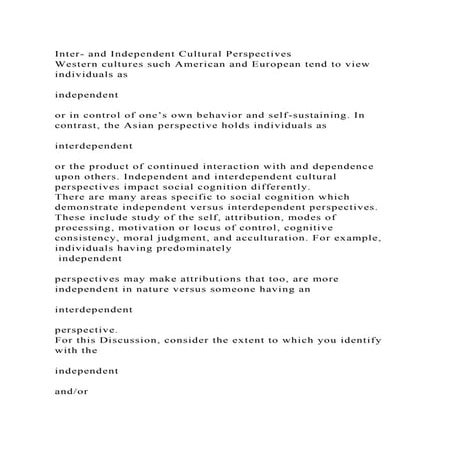 Inter- and Independent Cultural PerspectivesWestern cultures s.docx