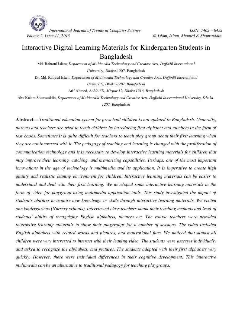 Interactive digital learning materials for kindergarten students in b…