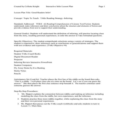 Interactive Inferring Lesson Plan | PDF