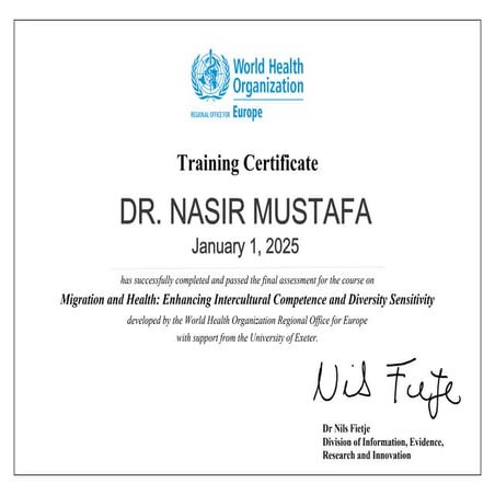 DR NASIR MUSTAFA WHO Training Certificate | PPT
