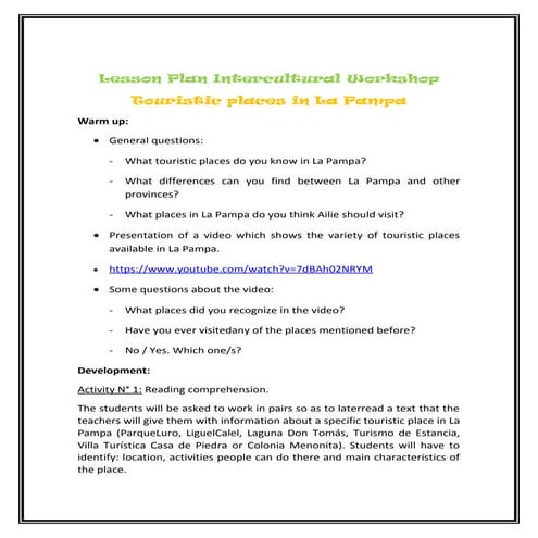 Intercultural workshop lesson plan - touristic places in la pampa | DOC ...