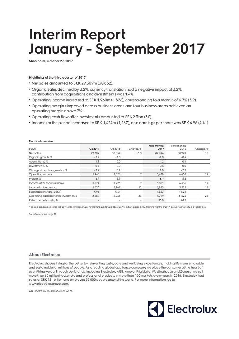 Electrolux Interim Report Q3 2017 Report Electrolux Interim Report Q3 2017 Report