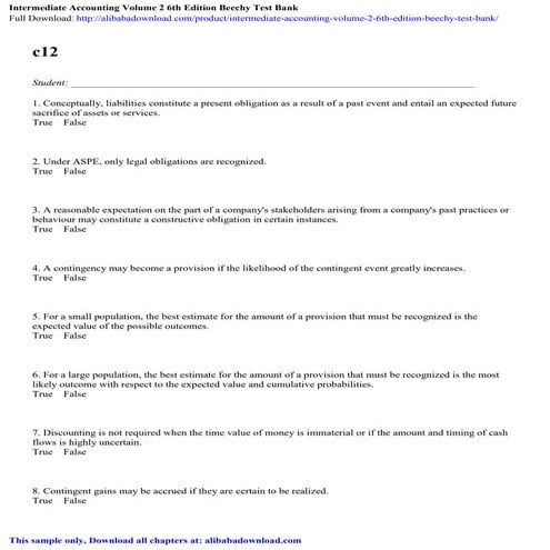 Intermediate Accounting Volume 2 6th Edition Beechy Test Bank | PDF