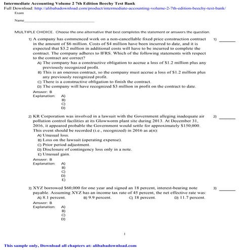 Intermediate Accounting Volume 2 7th Edition Beechy Test Bank | PDF