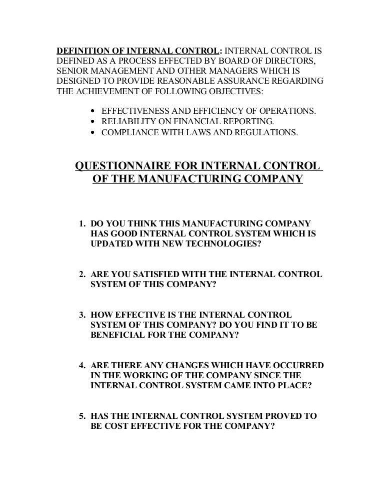 INTERNAL CONTROL SYSTEM -QUESTIONNAIRE