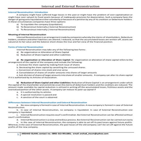 Internal & external recounstruction | DOCX | Mergers and Acquisitions ...