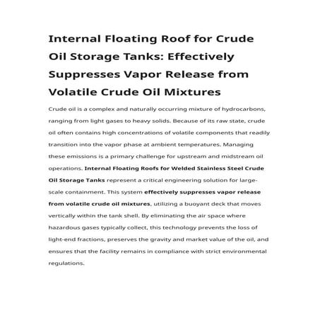 Internal Floating Roof for Crude Oil Storage Tanks Effectively ...