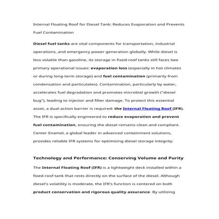 Internal Floating Roof for Diesel Tank Reduces Evaporation and Prevents ...