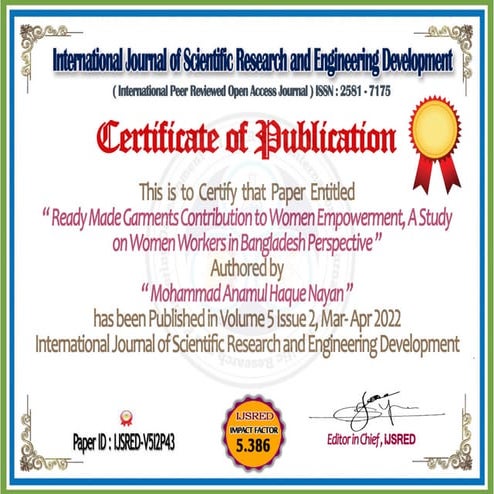 International Journal Certificate for Ready Made Garments Contribution ...