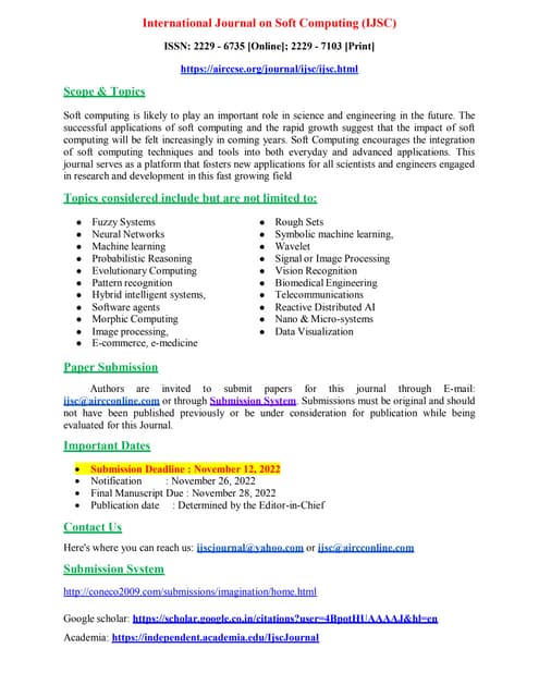 Call for Papers - International Journal on Soft Computing (IJSC) | PDF