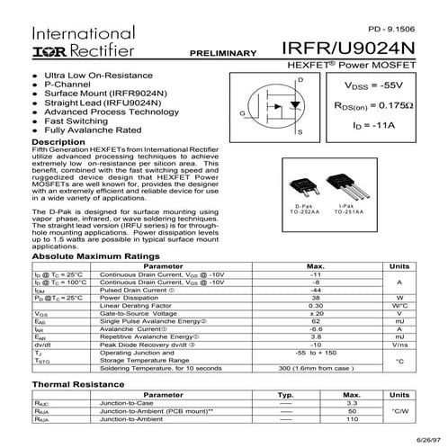 Orriginal P-Channel Mosfet IRFR9024NTRPBF FR9024N 9024 55V 11A TO-252 ...
